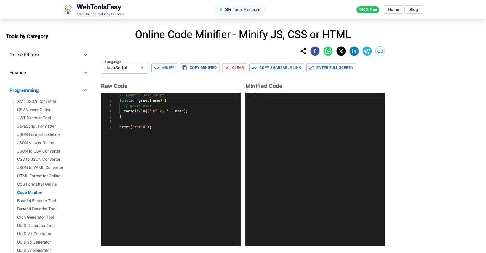 Free Code Minifier - JS/CSS/HTML | Private & Offline