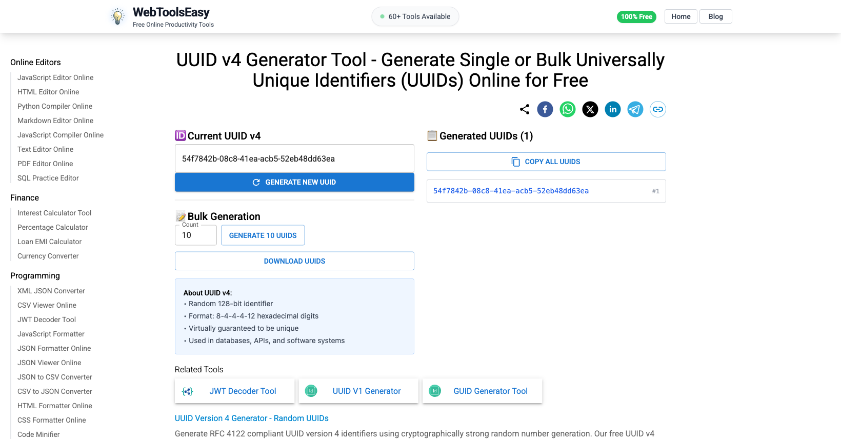 UUID v4 Generator - Generate Random UUIDs Online