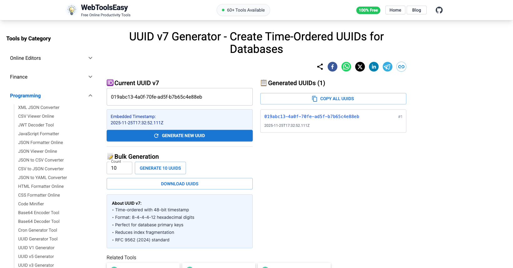 UUID v7 Generator - Time-Ordered UUID Online
